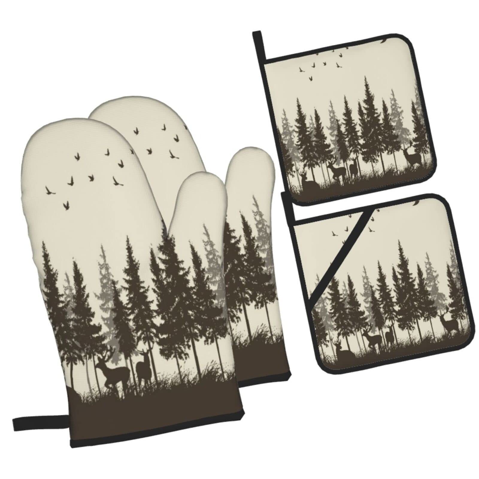 Oven Mitts and Pot Holders Sets of 4,Deer in The Forest Cabin Fog Bird Mountain Hunting Theme Yellow and Coffee Country Moose,Oven Mitts Heat Resistant Oven Gloves Set Potholders for Kitchen