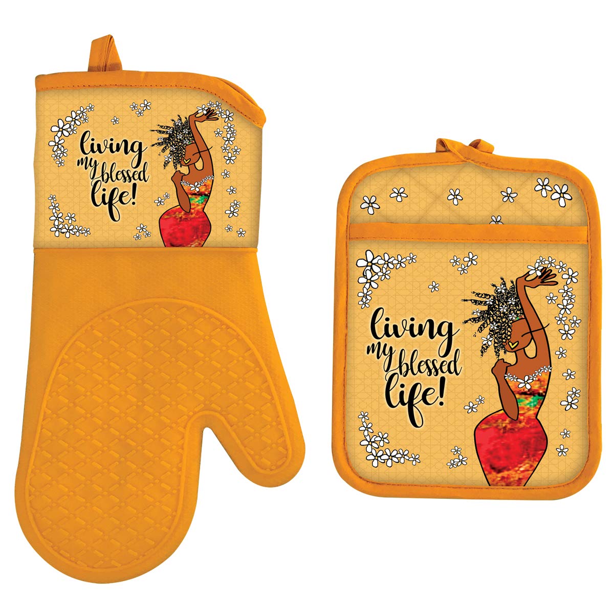 Shades of Color Mitt & Potholder Set, Living My Blessed Life, Potholder: 8.75 x 6.75, Oven Mitt: 12.75 x 7.25 inches , Multicolored