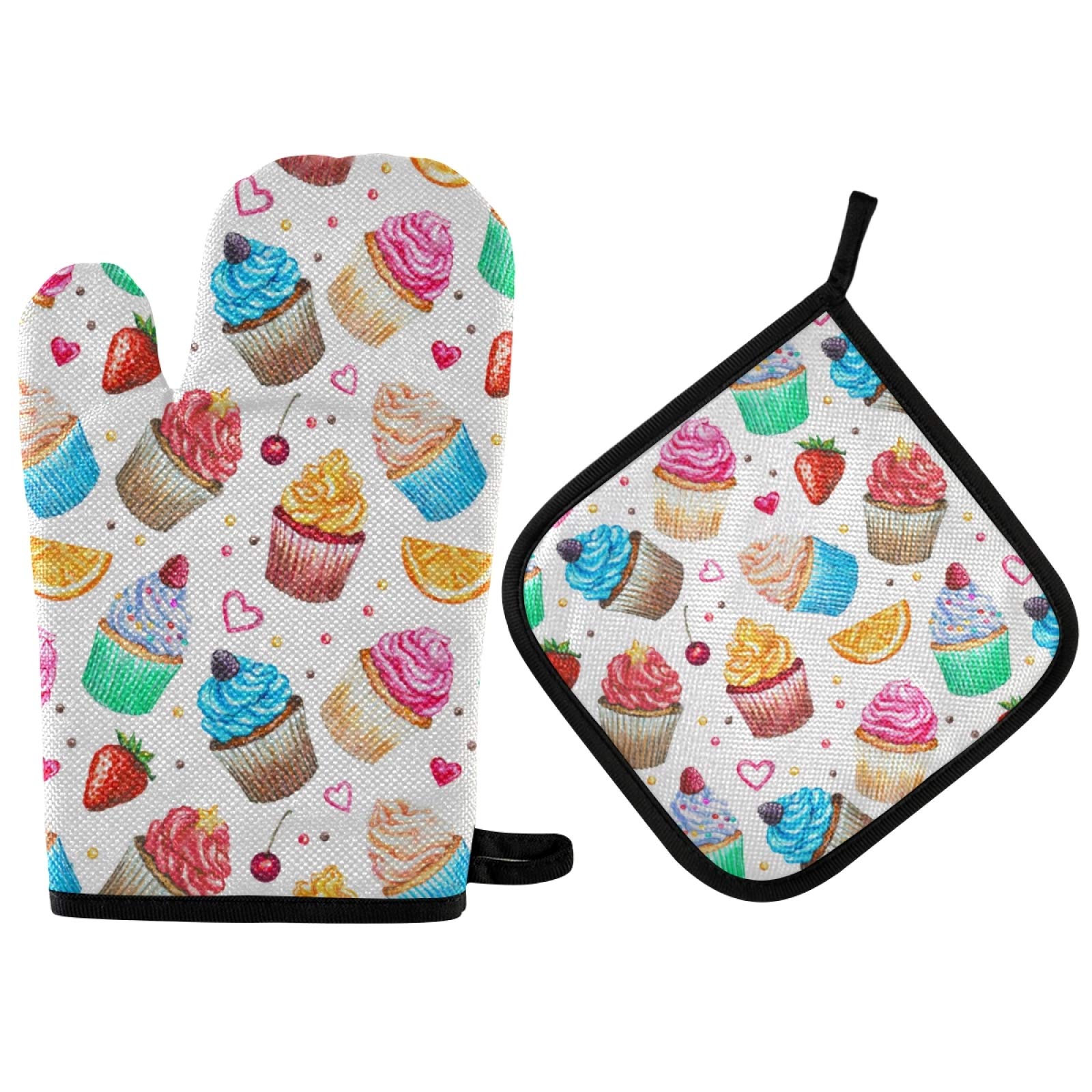 Aflyko Oven Mitt Pot Holder Cupcake Cherry Strawberry Gift Set Heat Resistant Cooking Glove Kitchen Potholder for BBQ Baking