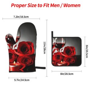 Red Rose Wine Glass and Candle Oven Mitts and Pot Holders Set of 4, Fashion Heat Resistant Safe Cooking Baking Grilling BBQ Easy Washable Kitchen Accessories