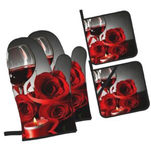 Red Rose Wine Glass and Candle Oven Mitts and Pot Holders Set of 4, Fashion Heat Resistant Safe Cooking Baking Grilling BBQ Easy Washable Kitchen Accessories