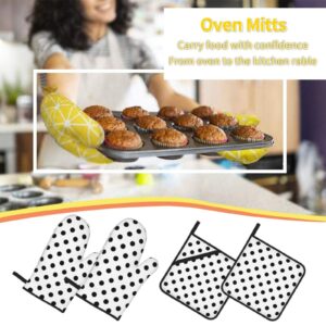 Msacrh Black Polka Dot Oven Mitts and Pot Holders Sets of 4,Resistant Hot Pads with Polyester Non-Slip BBQ Gloves for Kitchen,Cooking,Baking,Grilling