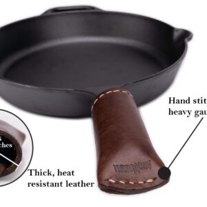 Alta Andina Leather Skillet Handle Cover | Hand Stitched, Vegetable Tanned Leather Hot Handle Holder for Cast Iron Skillets & Cookware (Brown – Café)