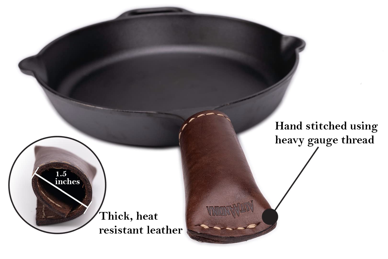 Alta Andina Leather Skillet Handle Cover | Hand Stitched, Vegetable Tanned Leather Hot Handle Holder for Cast Iron Skillets & Cookware (Brown – Café)