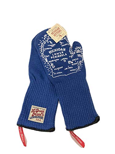 Michigan Mittens L’Oven Long Hot Oven BBQ Mitt Kitchen Cooking Pot Holder, Set of 2 Blue Map Mittens in Upper and Lower Peninsula Pair, Made in USA