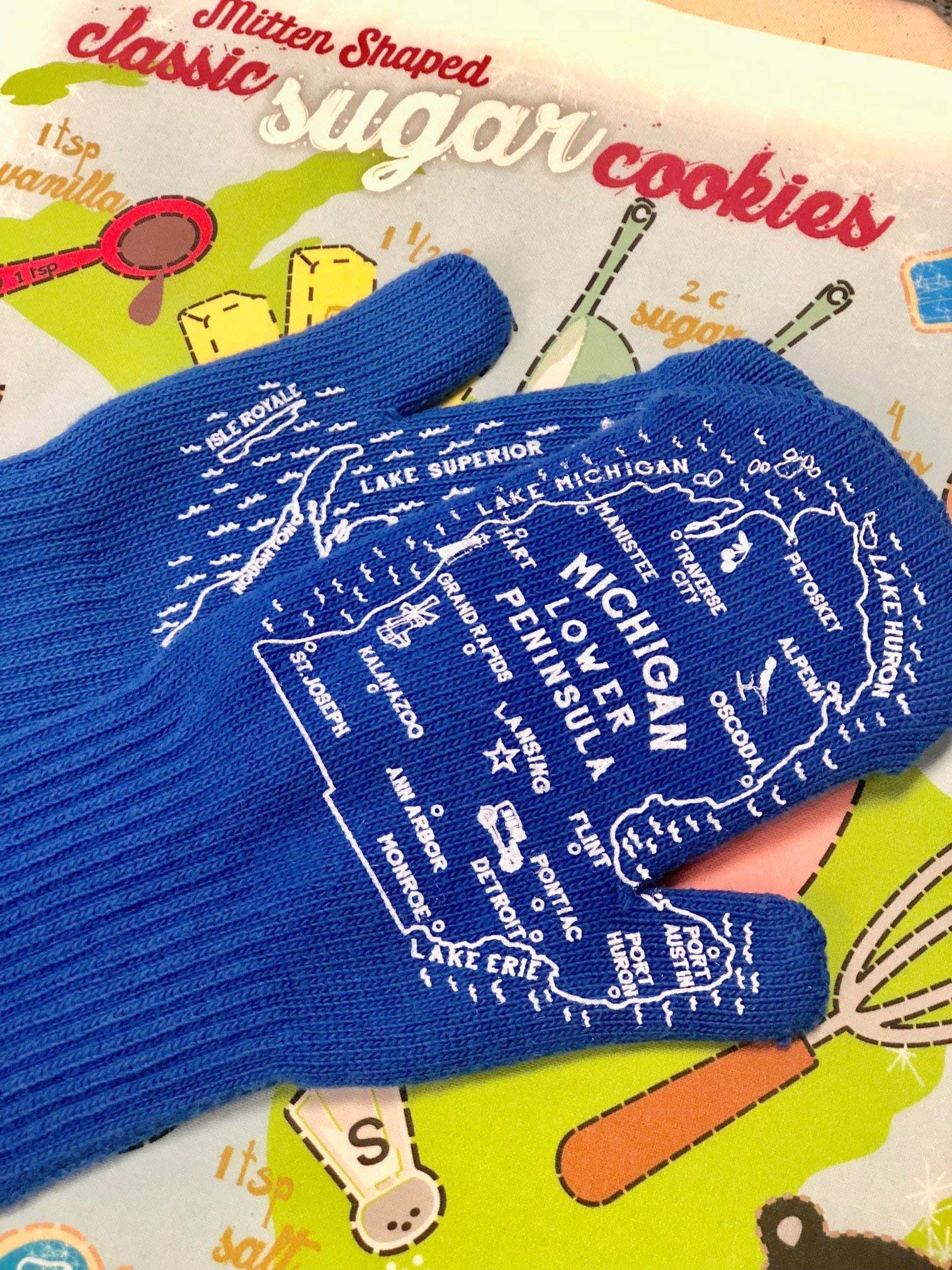 Michigan Mittens L’Oven Long Hot Oven BBQ Mitt Kitchen Cooking Pot Holder, Set of 2 Blue Map Mittens in Upper and Lower Peninsula Pair, Made in USA