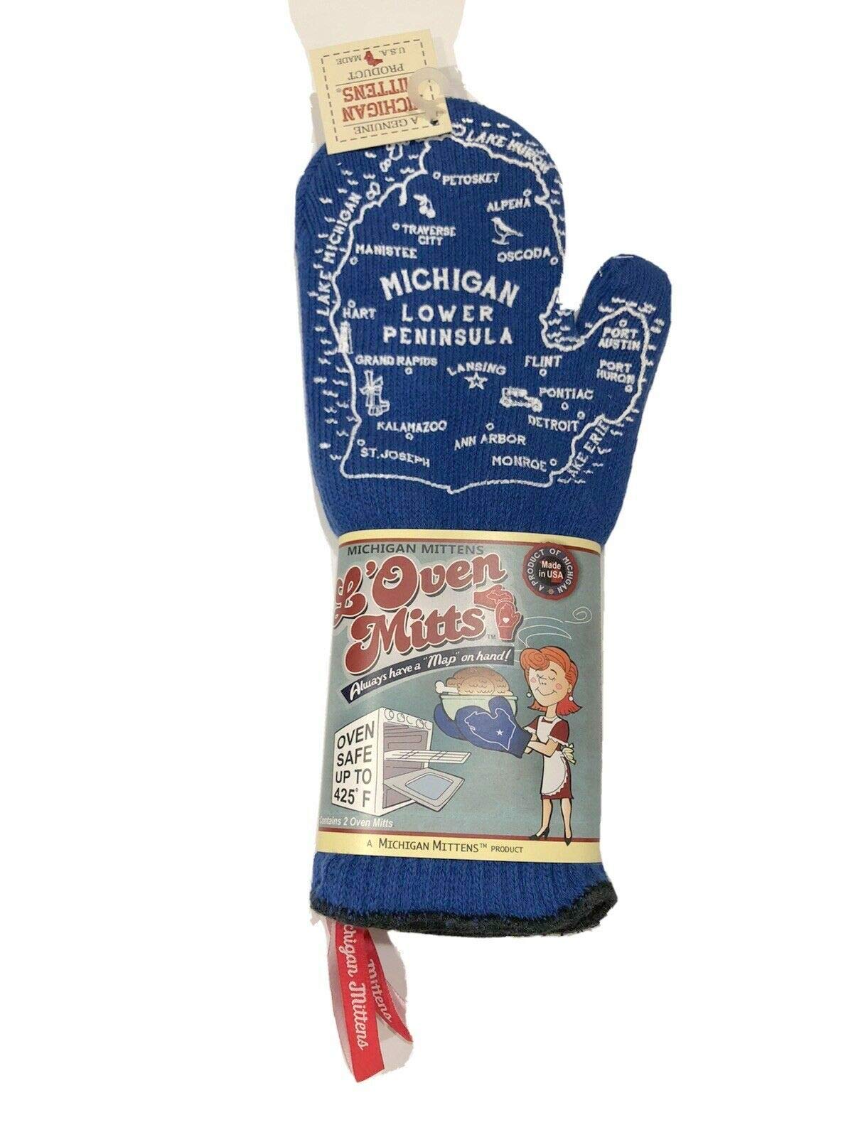 Michigan Mittens L’Oven Long Hot Oven BBQ Mitt Kitchen Cooking Pot Holder, Set of 2 Blue Map Mittens in Upper and Lower Peninsula Pair, Made in USA