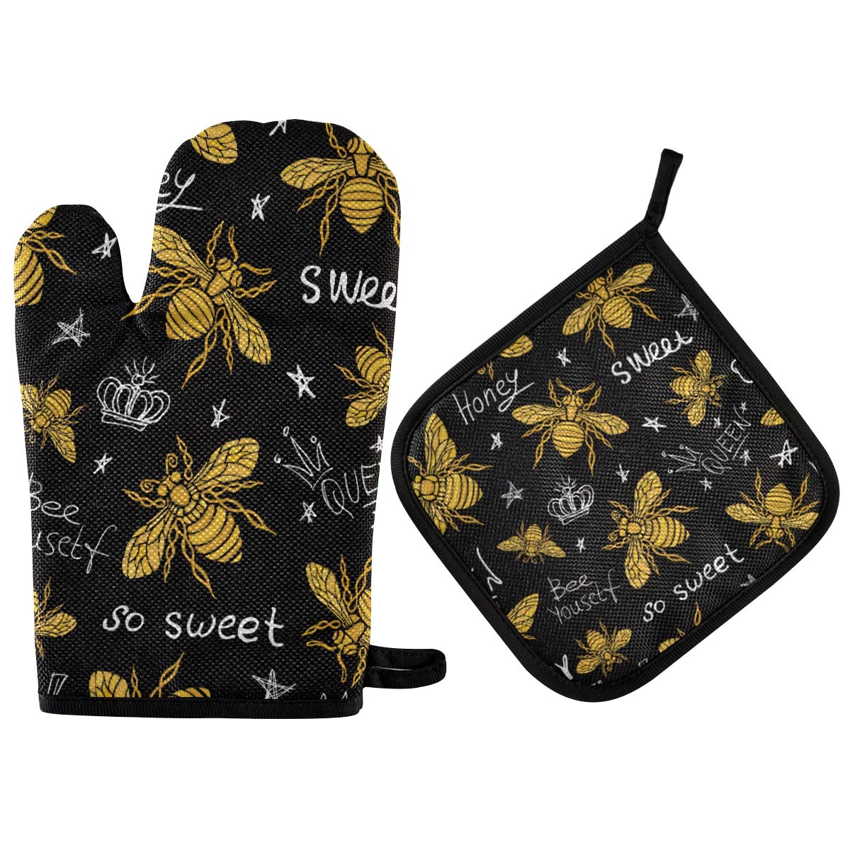 ALAZA Honey Bees Oven Mitts and Pot Holders Sets Heat Resistant Kitchen Oven Gloves Potholder for Cooking Baking Grill