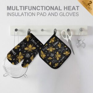 ALAZA Honey Bees Oven Mitts and Pot Holders Sets Heat Resistant Kitchen Oven Gloves Potholder for Cooking Baking Grill