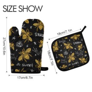 ALAZA Honey Bees Oven Mitts and Pot Holders Sets Heat Resistant Kitchen Oven Gloves Potholder for Cooking Baking Grill