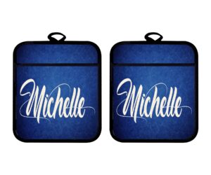 bleu reign oven mitt and potholder set personalized custom name bright blue vintage distressed print linen