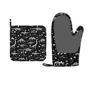 oven mitts and potholders black and white dinosaur skeleton skulls silicone glove heat resistant, kitchen gloves for cooking, 2-piece set