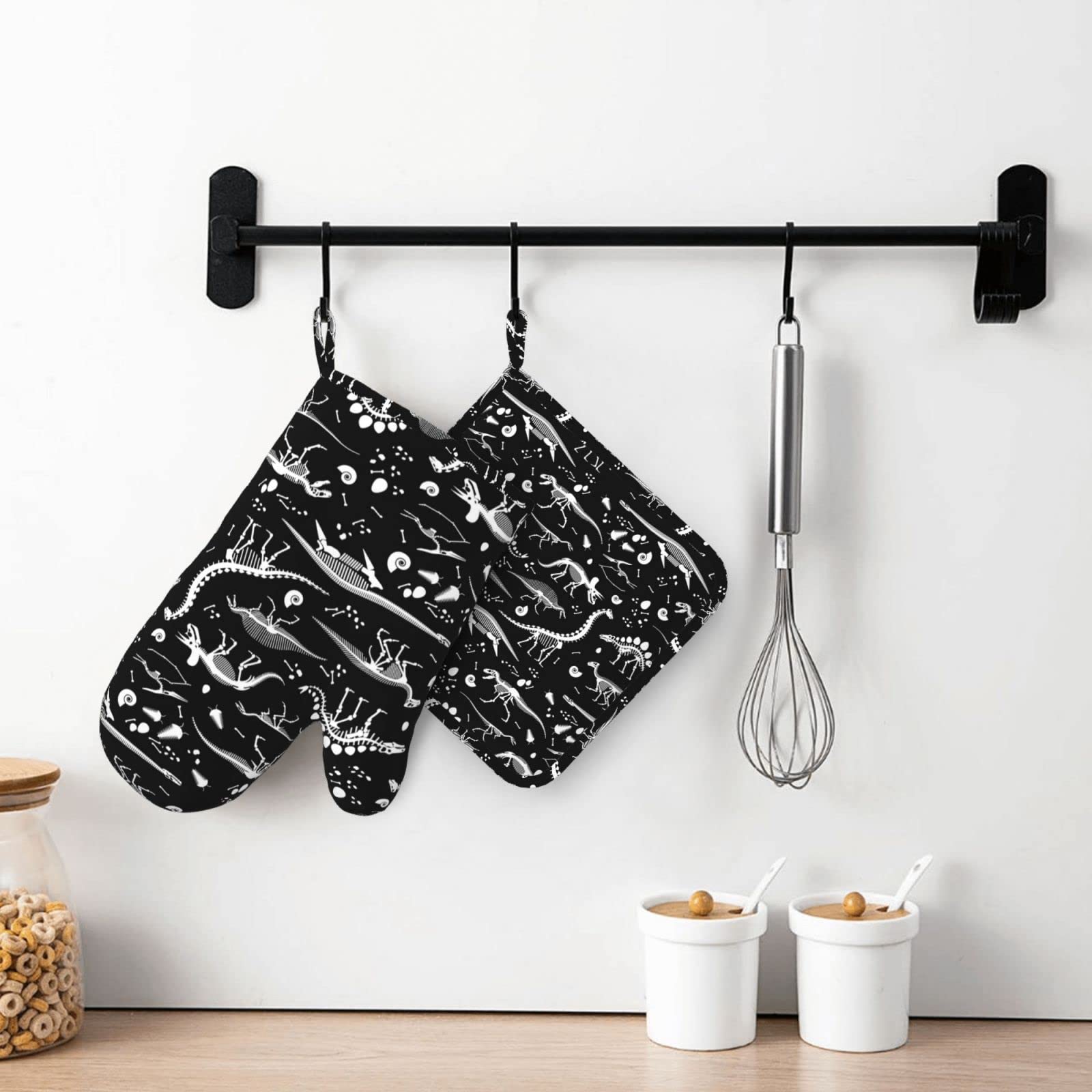 Oven Mitts and Potholders Black and White Dinosaur Skeleton Skulls Silicone Glove Heat Resistant, Kitchen Gloves for Cooking, 2-Piece Set