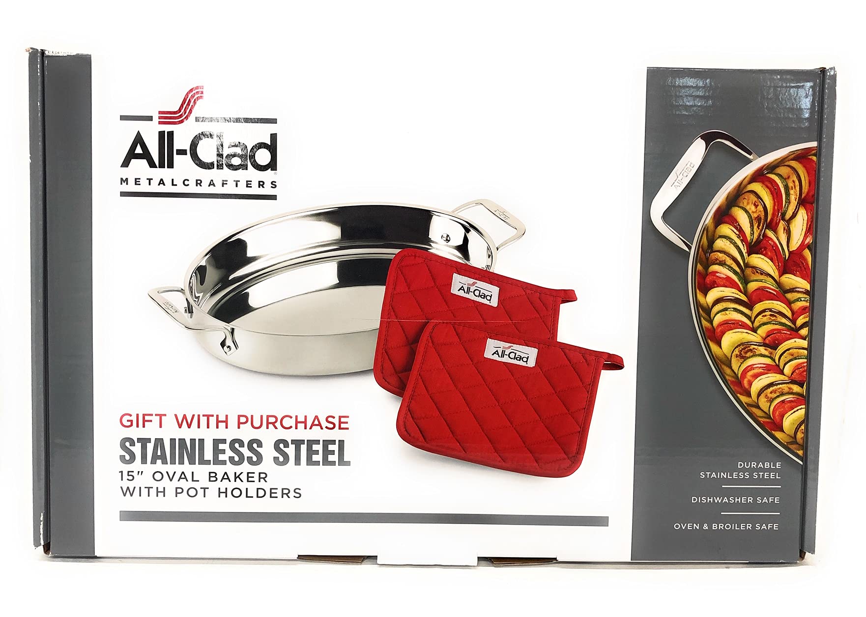 All-Clad Stainless Steel 15" Oval Baker with Pot Holders