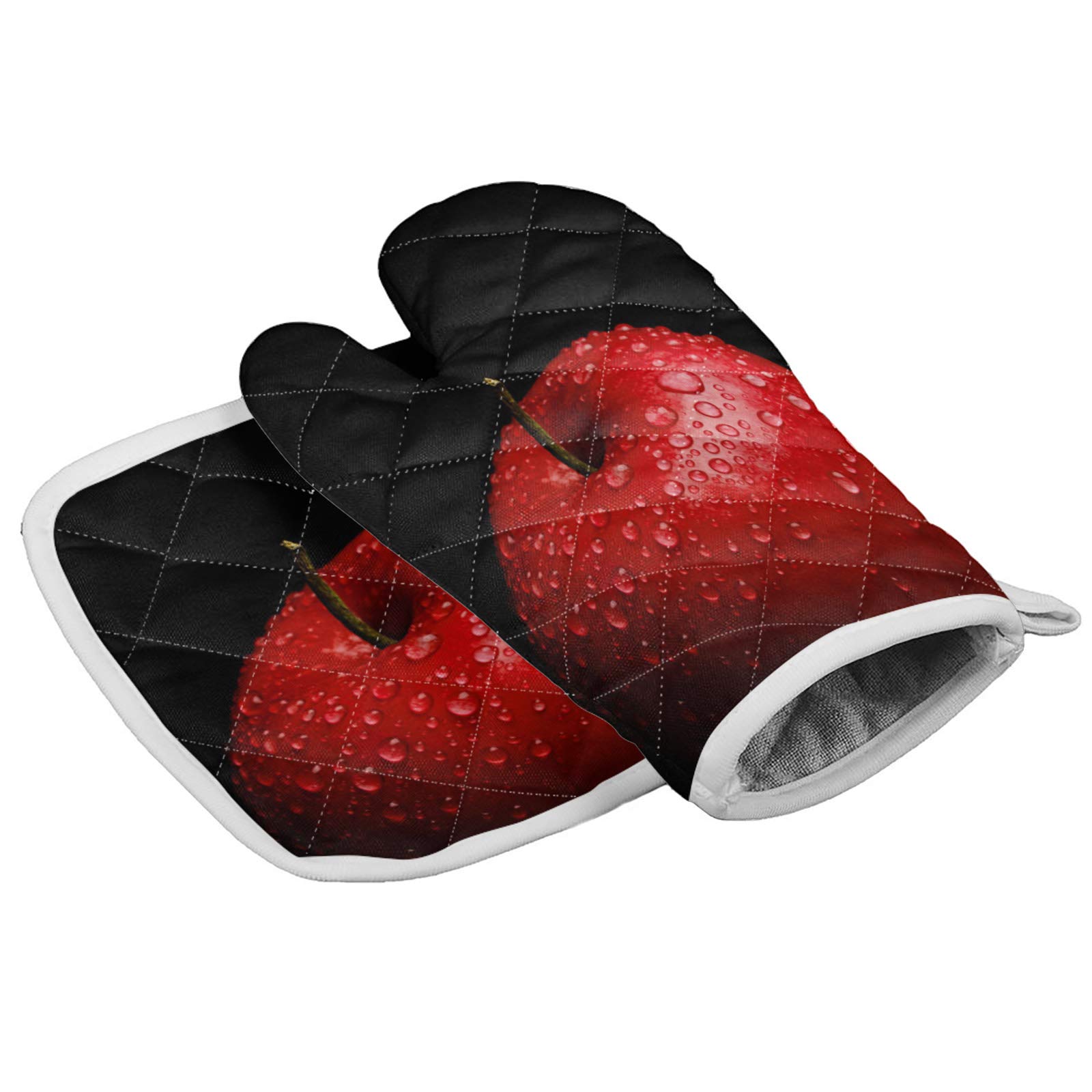 Kitchen Oven Gloves Red Apples with Water Drops Oven Mitts Pot Holder Set Black Background Hot Pad Sets for Kitchen BBQ Cooking Baking Grilling Heat Resistance 12 x 6 inch + 8 x 8 inch