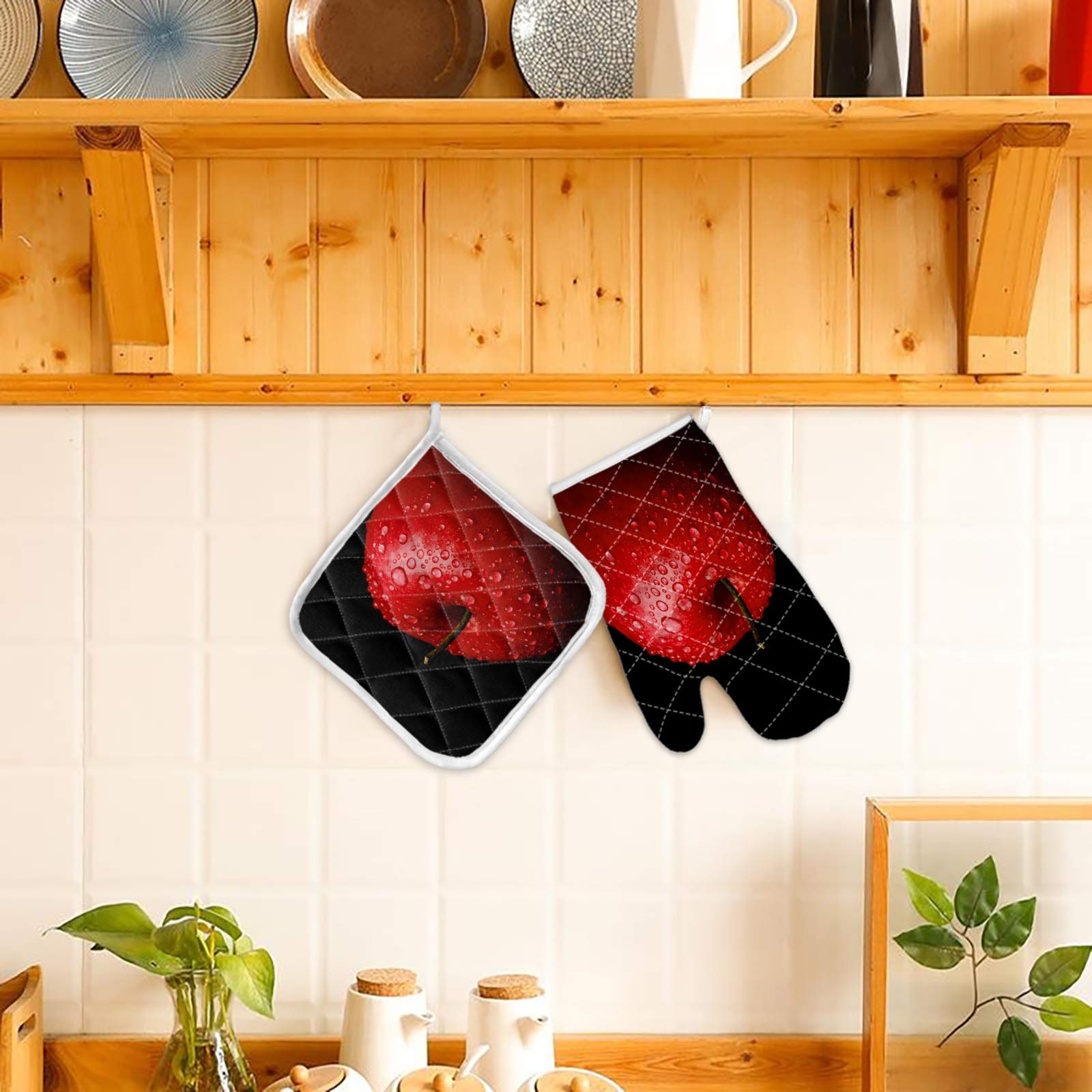 Kitchen Oven Gloves Red Apples with Water Drops Oven Mitts Pot Holder Set Black Background Hot Pad Sets for Kitchen BBQ Cooking Baking Grilling Heat Resistance 12 x 6 inch + 8 x 8 inch