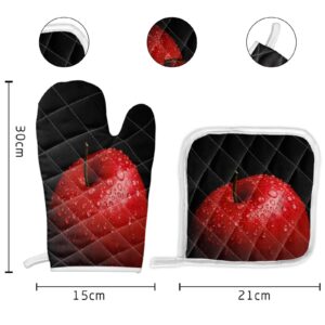 Kitchen Oven Gloves Red Apples with Water Drops Oven Mitts Pot Holder Set Black Background Hot Pad Sets for Kitchen BBQ Cooking Baking Grilling Heat Resistance 12 x 6 inch + 8 x 8 inch