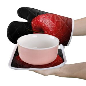 Kitchen Oven Gloves Red Apples with Water Drops Oven Mitts Pot Holder Set Black Background Hot Pad Sets for Kitchen BBQ Cooking Baking Grilling Heat Resistance 12 x 6 inch + 8 x 8 inch