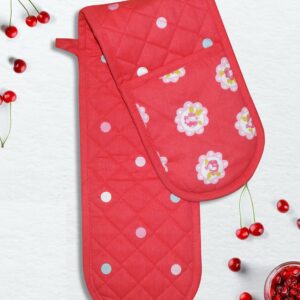 Tiny Break Double Oven Mitt, Floral Rose, Heat Resistant Oven Gloves - Red - 7 x 32 Inch