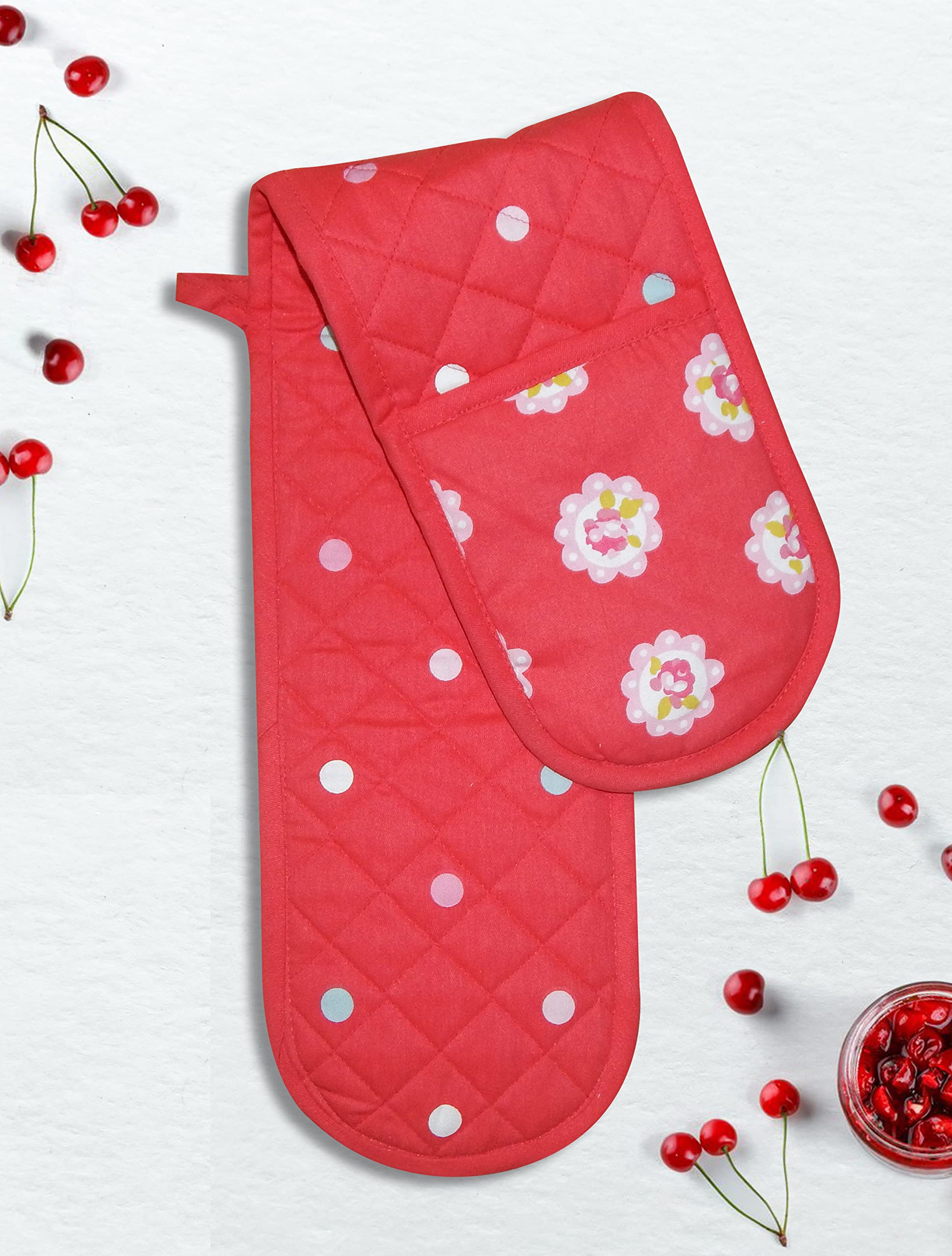 Tiny Break Double Oven Mitt, Floral Rose, Heat Resistant Oven Gloves - Red - 7 x 32 Inch