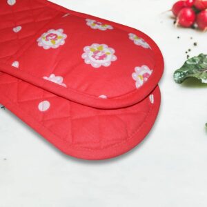 Tiny Break Double Oven Mitt, Floral Rose, Heat Resistant Oven Gloves - Red - 7 x 32 Inch