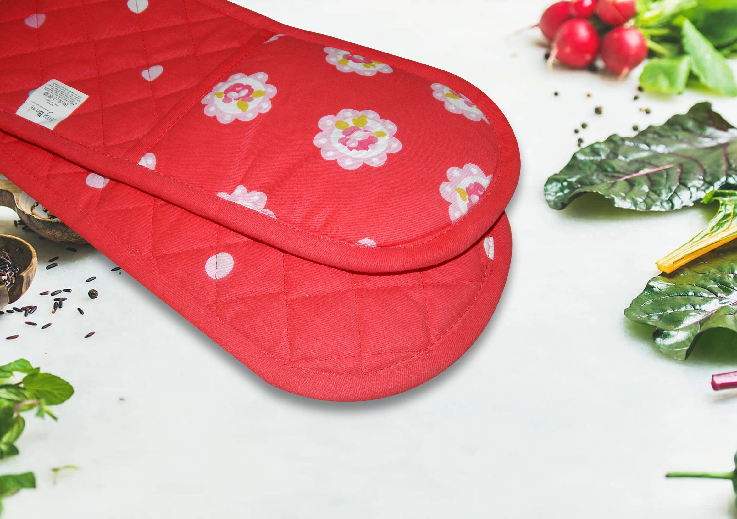 Tiny Break Double Oven Mitt, Floral Rose, Heat Resistant Oven Gloves - Red - 7 x 32 Inch