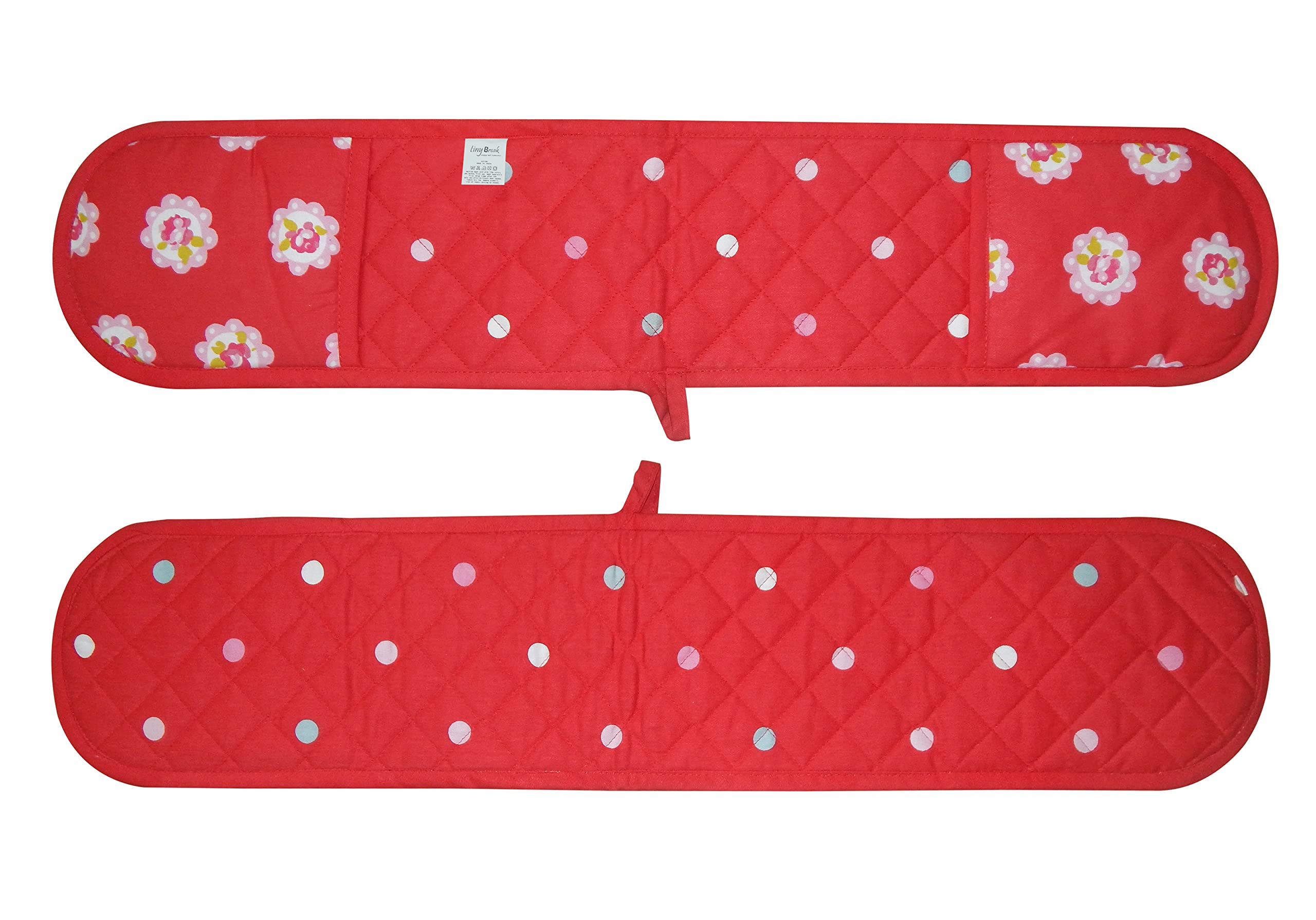 Tiny Break Double Oven Mitt, Floral Rose, Heat Resistant Oven Gloves - Red - 7 x 32 Inch