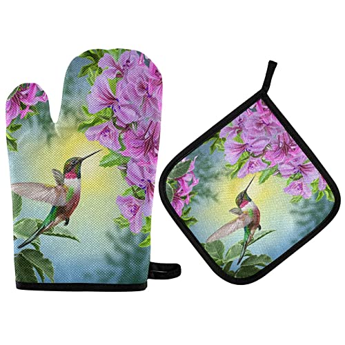 Small Bird Hummingbird Oven Mitts Pot Holder Set Spring Pink Flowers Leaves Kitchen Decor Cooking Stove Gloves Heat Resistant Hot Pads Recycled for BBQ Baking Grilling