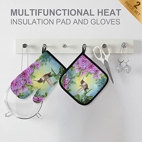 Small Bird Hummingbird Oven Mitts Pot Holder Set Spring Pink Flowers Leaves Kitchen Decor Cooking Stove Gloves Heat Resistant Hot Pads Recycled for BBQ Baking Grilling