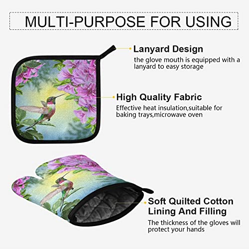 Small Bird Hummingbird Oven Mitts Pot Holder Set Spring Pink Flowers Leaves Kitchen Decor Cooking Stove Gloves Heat Resistant Hot Pads Recycled for BBQ Baking Grilling