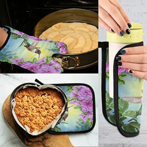 Small Bird Hummingbird Oven Mitts Pot Holder Set Spring Pink Flowers Leaves Kitchen Decor Cooking Stove Gloves Heat Resistant Hot Pads Recycled for BBQ Baking Grilling