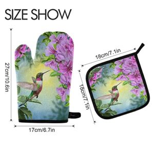 Small Bird Hummingbird Oven Mitts Pot Holder Set Spring Pink Flowers Leaves Kitchen Decor Cooking Stove Gloves Heat Resistant Hot Pads Recycled for BBQ Baking Grilling