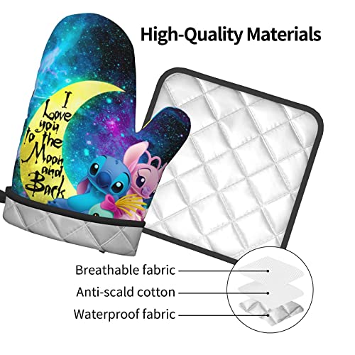 Cute Oven Mitts and Potholders BBQ Gloves,Cartoon Pattern Non-Slip Heat Resistant Kitchen Oven Mitts and Pot Holders for Cooking Baking Grilling