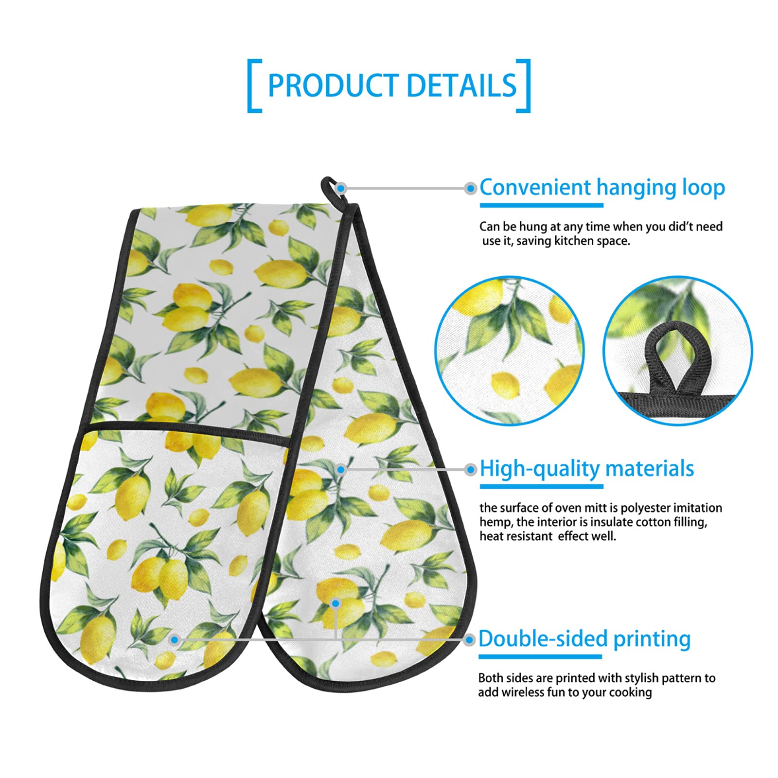 Lemon Double Oven Mitt, Cotton Cooking Gloves Heat Resistant Fresh Fruit Lemon Leaves Kitchen Oven Gloves for BBQ, Cooking, Baking, and Handling Hot Pots and Pans, 35 x 7.5