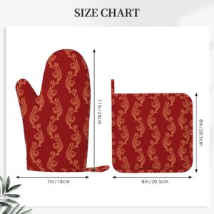 LAKIMCT China Red Floral Silicone Oven Mitts and Pot Holders Sets Kicthen Oven Gloves Hot Pads Potholders Right Mitt for Baking, Sets of 2