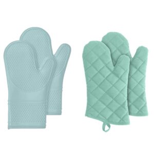 gorilla grip silicone oven mitts and cotton oven mitts set, both in mint color, soft quilted lining, heat resistant, 2 item bundle