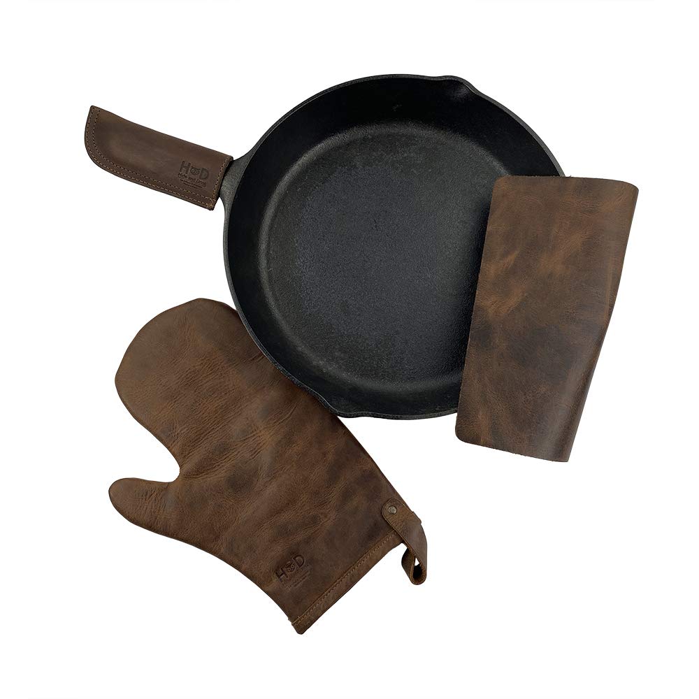 Hide & Drink, Leather Oven Glove, Potholder Sheet & Panhandle - Metal Skillet Grips - Kitchen & Bakery Essentials Handmade