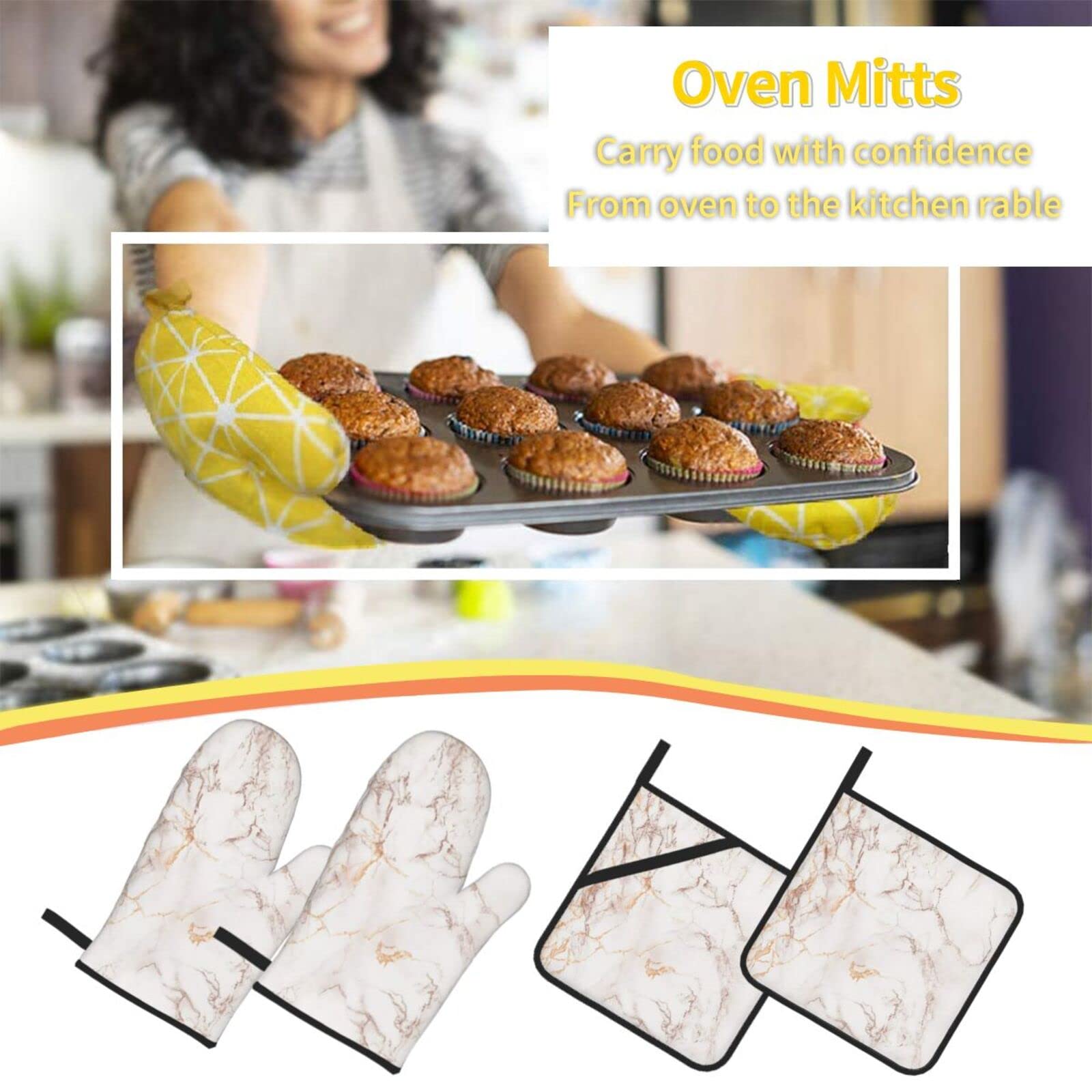 4pcs Gold Marble Oven Mitts Pot Holders Set Non-Slip Cooking Kitchen Gloves Washable Heat Resistant Oven Gloves for Microwave BBQ Baking Grilling