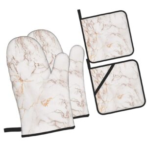 4pcs Gold Marble Oven Mitts Pot Holders Set Non-Slip Cooking Kitchen Gloves Washable Heat Resistant Oven Gloves for Microwave BBQ Baking Grilling