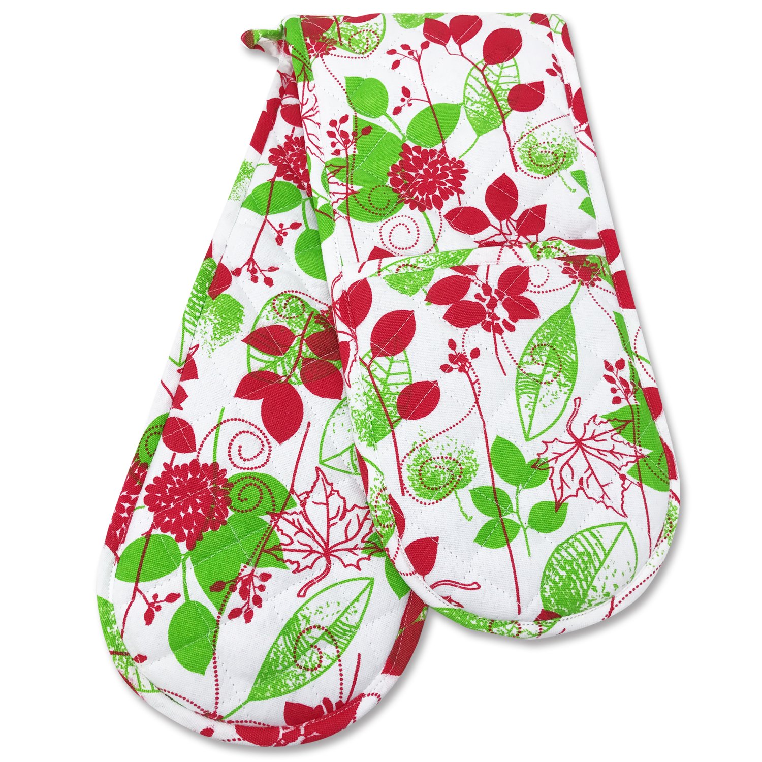 Double Oven Gloves, Smart Home, Traditional, 1 Piece, Pretty Garden Leaves, Long Mitts, Heat Resistant, 100% Cotton, Extra Thick, Quilted