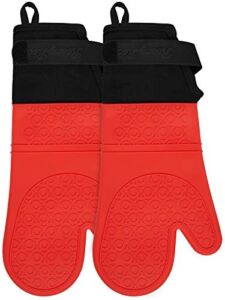 silicone oven mitts with adjustable cuff, roomyroc oven mitt with non-slip grip and thicker liner, heat resistant pot holders, extra long professional soft flexible oven gloves, red, 1 pair, 14.7 inch