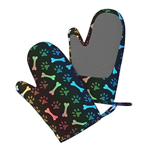 Rainbow Dog Cat Paw Printed Silicone Anti-Scald Gloves, Oven Mitts, Used for Cooking, Grilling, Kitchen Oven Gloves.