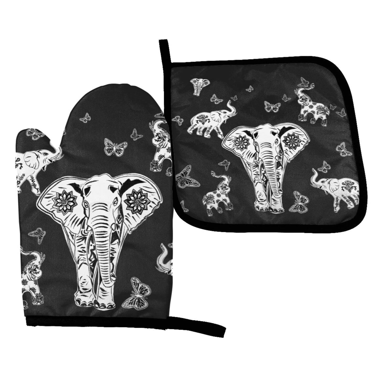 Elephant Oven Mitts and Pot Holders Sets Heat Resistant Holiday Decor Oven Gloves with Non-Slip Surface for Reusable for Baking BBQ Cooking