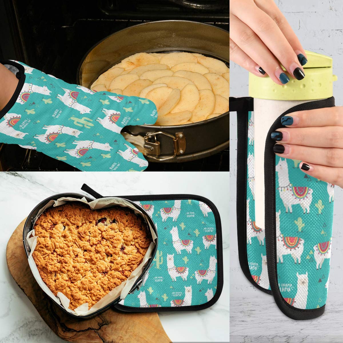 Qilmy Llama Oven Mitts and Pot Holders Heat Resistant Gloves Kitchen Counter Safe Mats for BBQ Cooking Baking Grilling Microwave