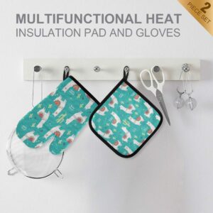 Qilmy Llama Oven Mitts and Pot Holders Heat Resistant Gloves Kitchen Counter Safe Mats for BBQ Cooking Baking Grilling Microwave