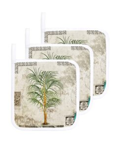 3 pack pot holders for kitchengreen palms trees vintage linen heat proof potholder hot pads trivet,tropical plants retro floral washable coaster potholders for cooking baking grilling