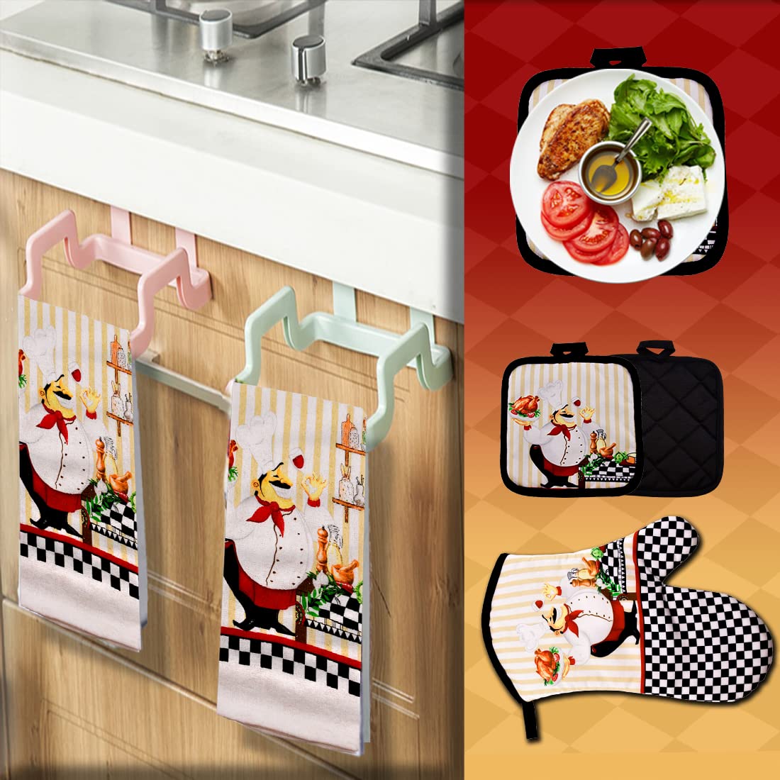 Lobyn Value Pack Kitchen Towel Oven Mitts and Pot Holders Sets, Pot Holders and Oven Mitts Sets, Kitchen Mittens and Pot Holder Set, Potholder Set, Mittens Kitchen Chef Design