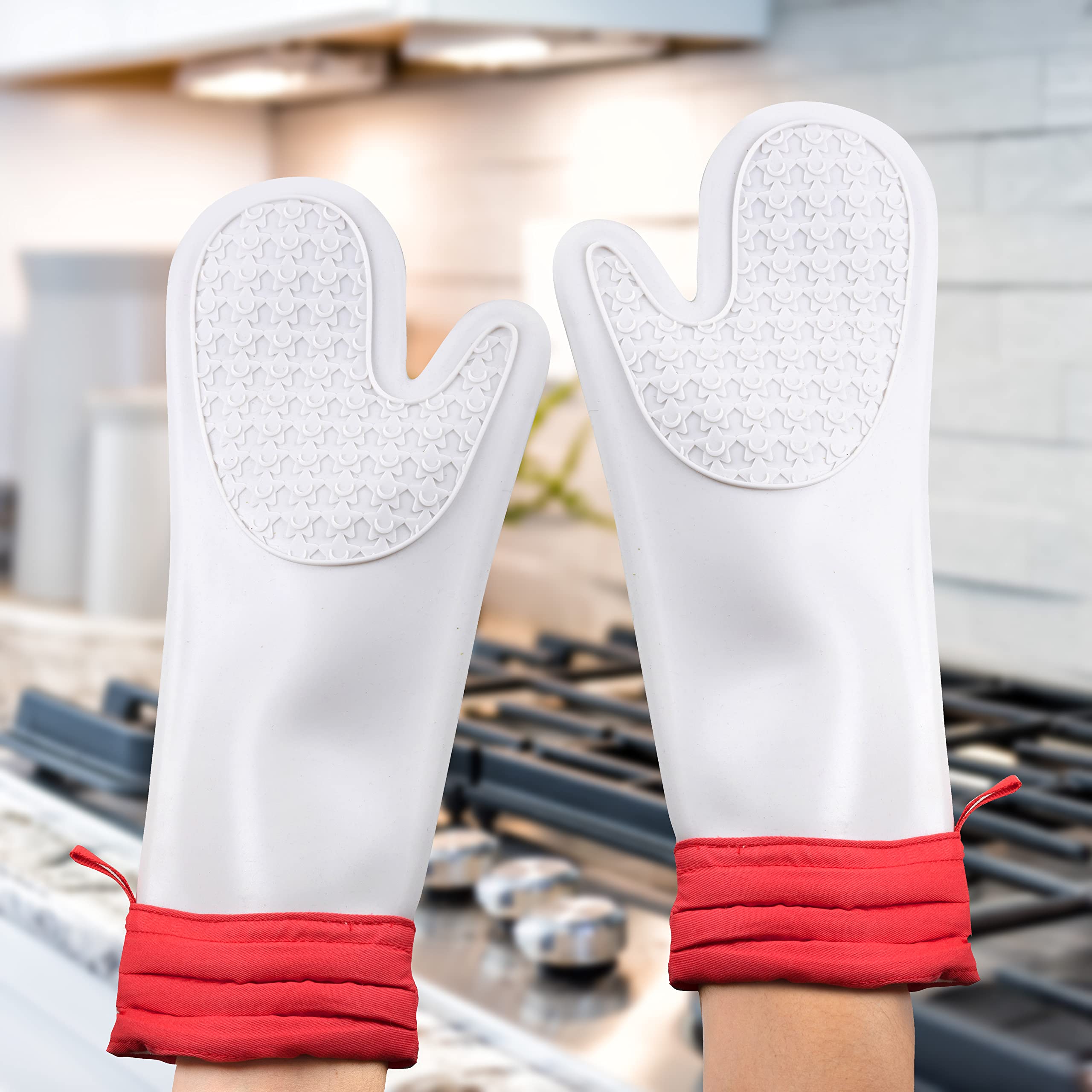 Silicone Oven Mitt, 2 Count- Extra Long 17 Inch Sleeve for Max Protection- Heat Resistant, Waterproof Non Slip Silicone for Easy Grip, Kitchen Gloves for Cooking, BBQ, Potholders w Soft Inner Lining