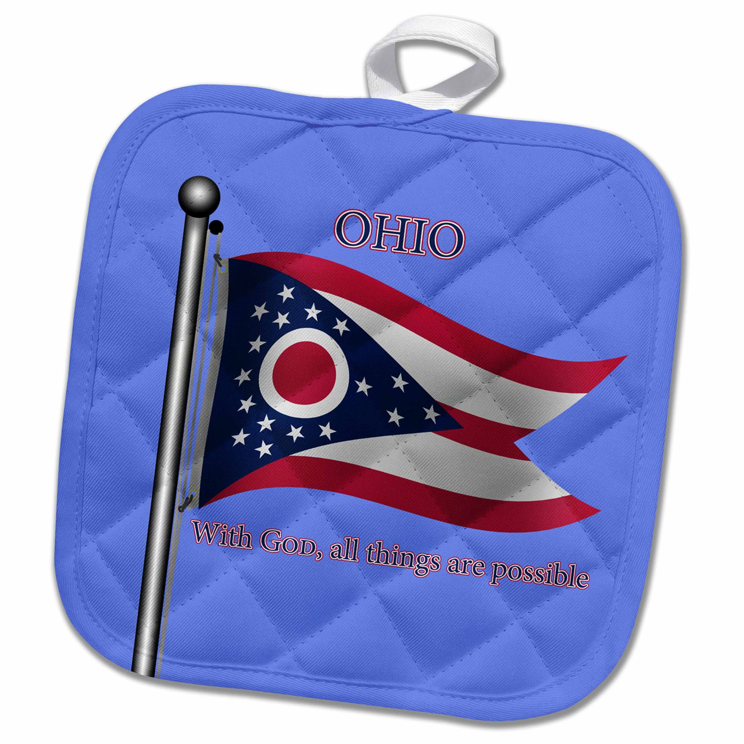 3D Rose Waving Flag of Ohio On Pole with State Name and Motto. Pot Holder, 8 x 8