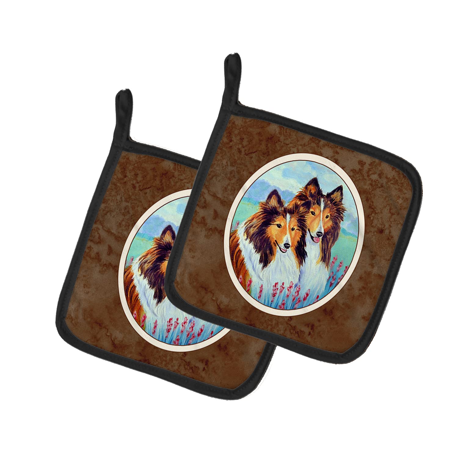 Caroline's Treasures 7086PTHD Sable Shelties Double Trouble Pair of Pot Holders Kitchen Heat Resistant Pot Holders Sets Oven Hot Pads for Cooking Baking BBQ, 7 1/2 x 7 1/2